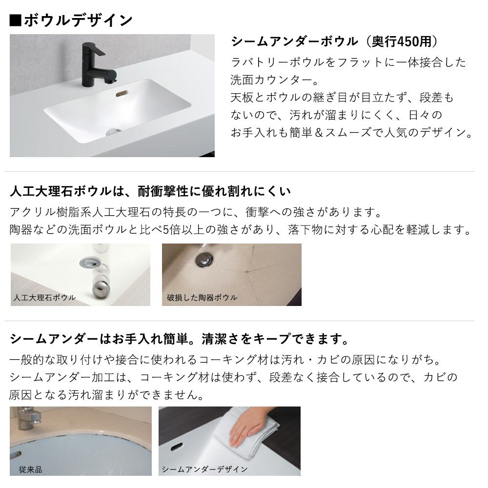 アイカ工業 スマートサニタリーU Plan-04 シームアンダーボウル 間口750mm 奥行450mm ボウル カウンター 棚板 水栓｜建材・住宅資材の公式通販LDK plus